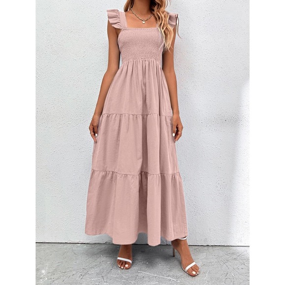 WILA | Dresses | Minimalist Shirred Bodice Ruffle Hem Maxi Dress Boho ...